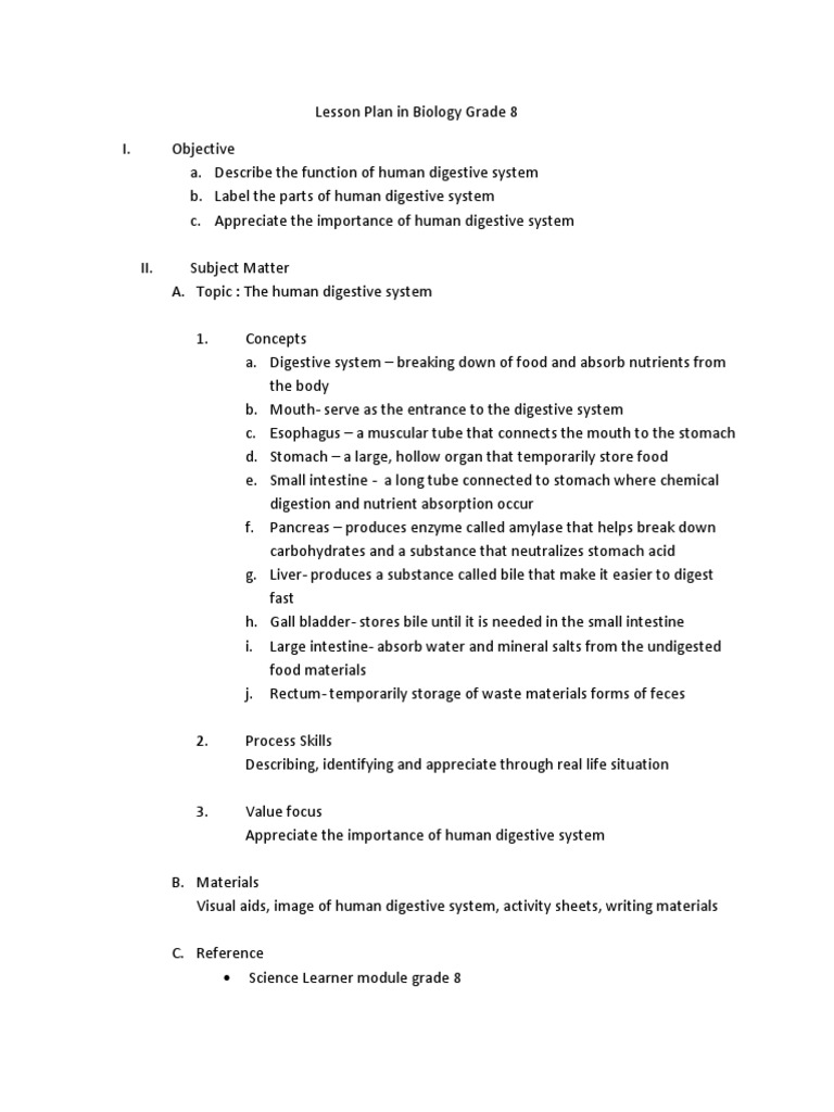 Digestive System Lesson Plan | PDF | Human Digestive System | Digestion