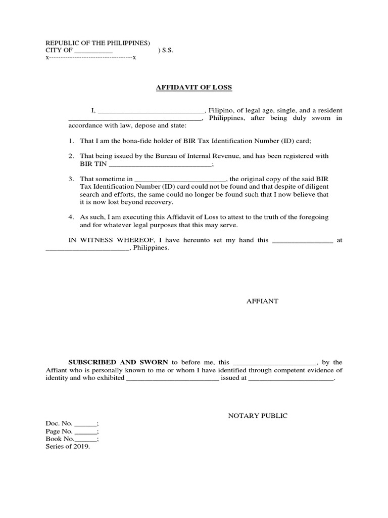Affidavit of Loss BIR TIN Sample | PDF