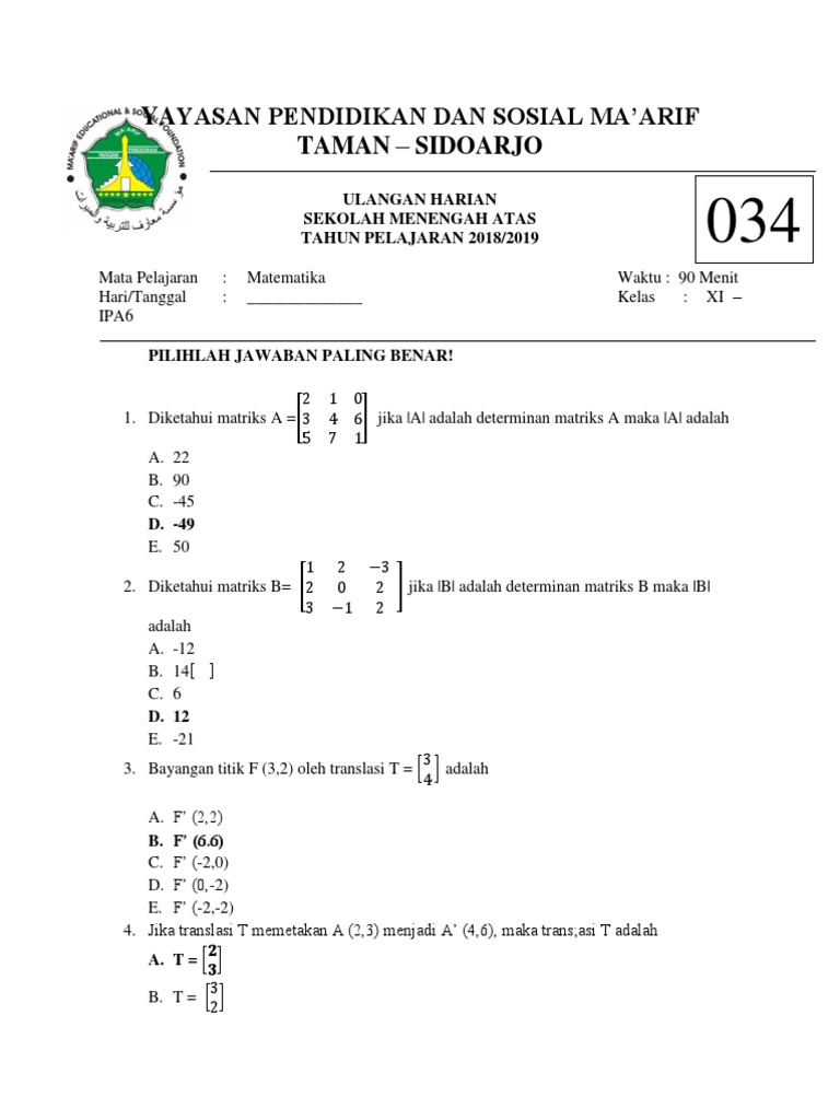 Soal Matematika Wajib Kelas 11 Semester 1 | PDF