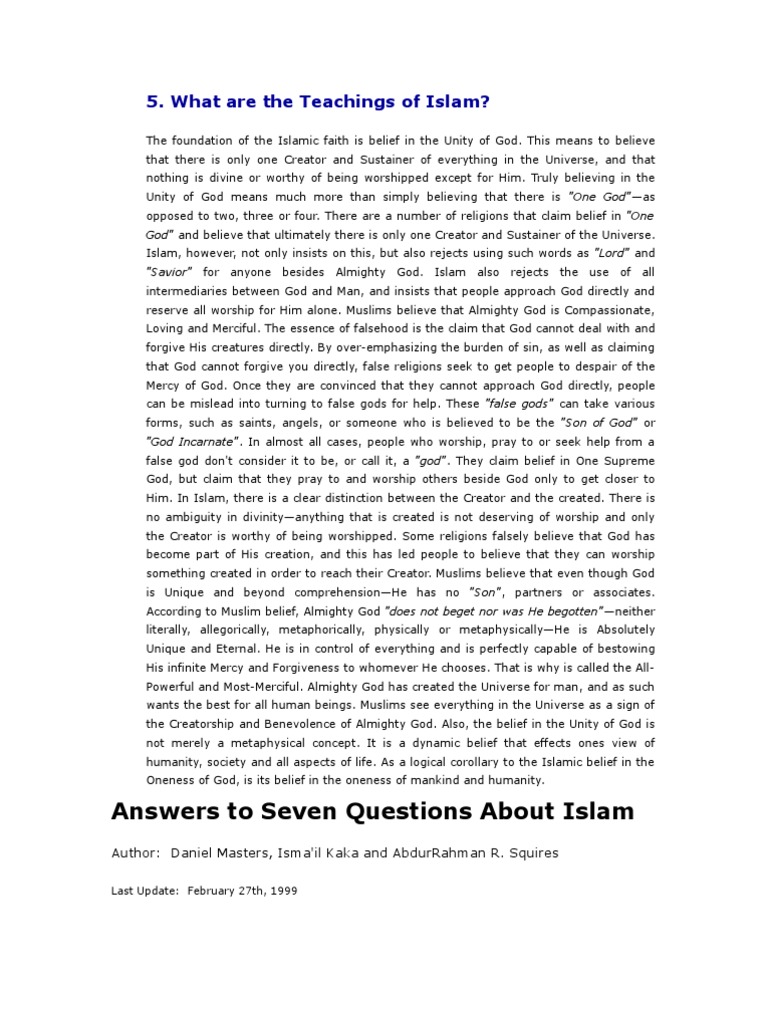 Answers To Seven Questions About Islam: 5. What Are The Teachings of ...