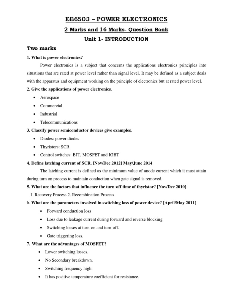 Ee6503 - Power Electronics: 2 Marks and 16 Marks-Question Bank Unit 1 - Introduction Two Marks ...