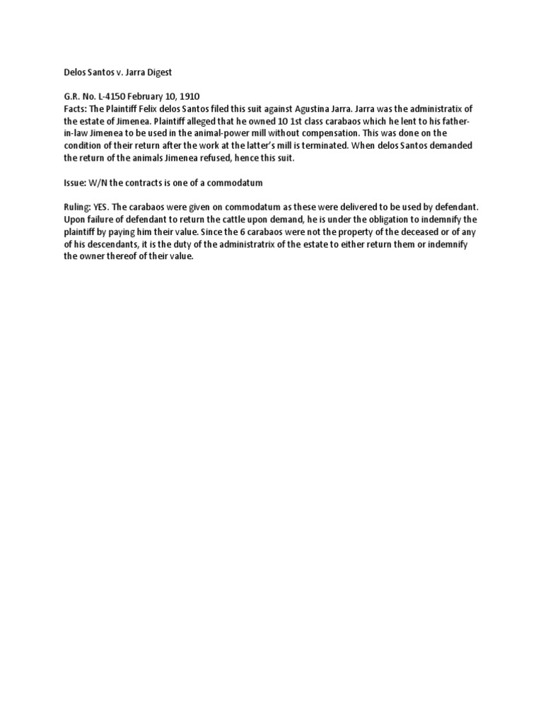 Delos Santos v. Jarra: Commodatum Ruling | PDF