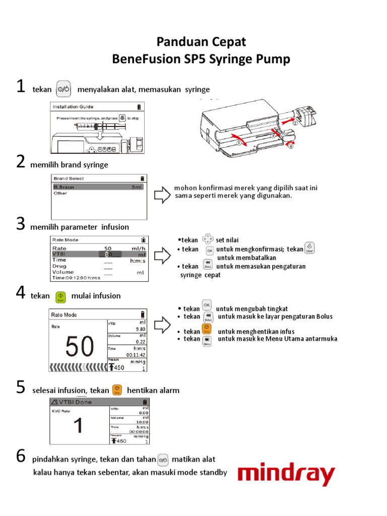 Panduan Penggunaan Cepat BeneFusion SP5 Syringe Pump | PDF
