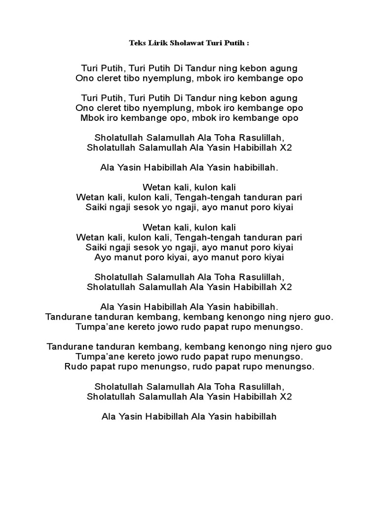 Teks Lirik Sholawat Turi Putih | PDF