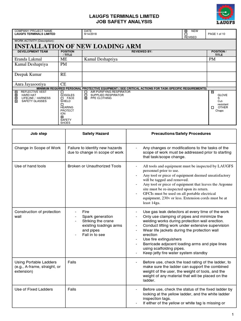 Jsa-For Loading Arm Installation | PDF | Personal Protective Equipment | Elevator