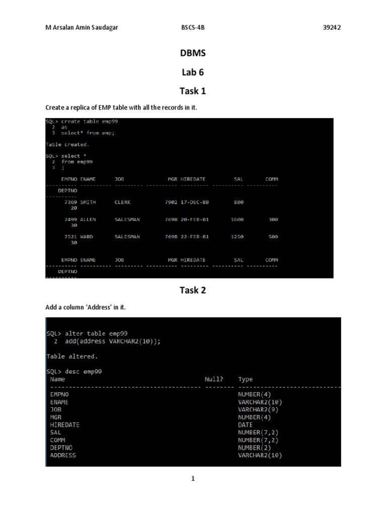 Dbms Lab 6 Task 1: M Arsalan Amin Saudagar Bscs-4B 39242 | PDF