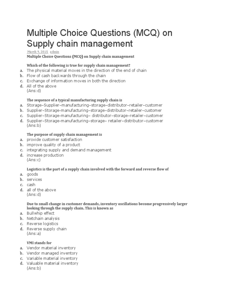 Multiple Choice Questions (MCQ) On Supply Chain Management: A. B. C. D ...