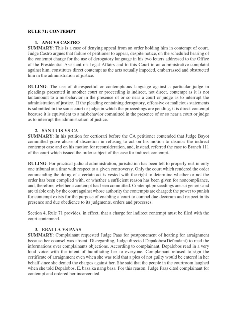 Rule 71: Contempt 1. Ang Vs Castro | PDF | Contempt Of Court | Arraignment