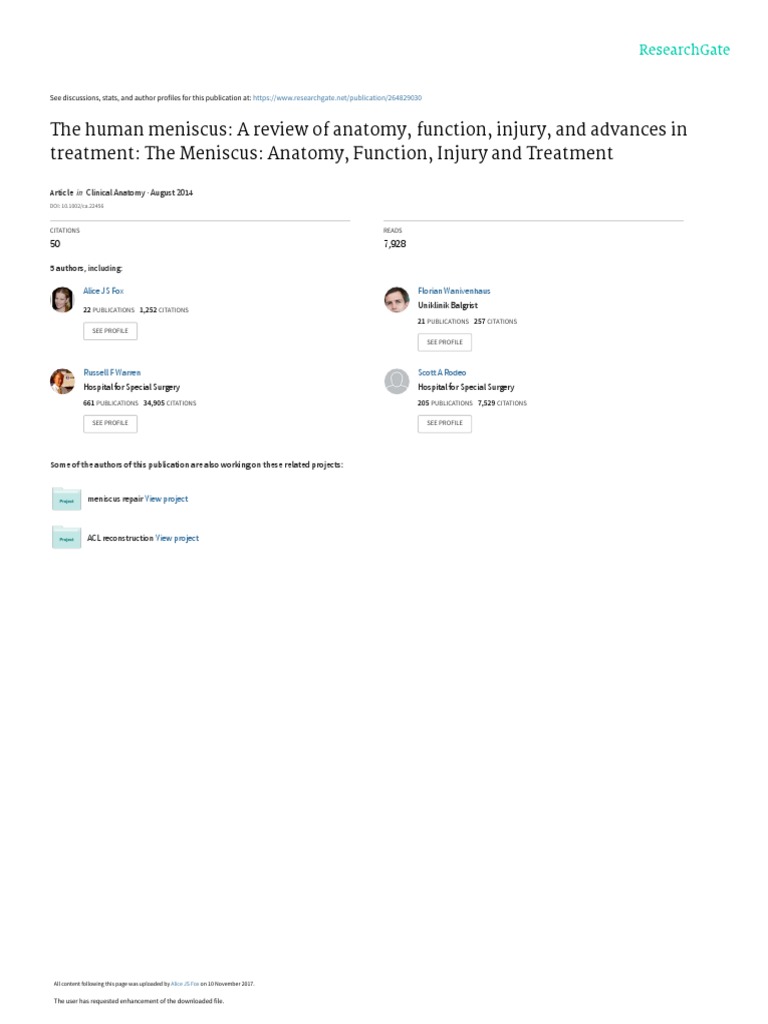 The Human Meniscus: A Review of Anatomy, Function, Injury, and Advances ...