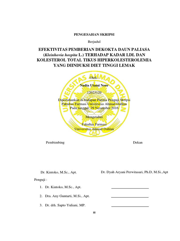 Efek daun paliasa terhadap kadar LDL dan kolesterol total tikus | PDF