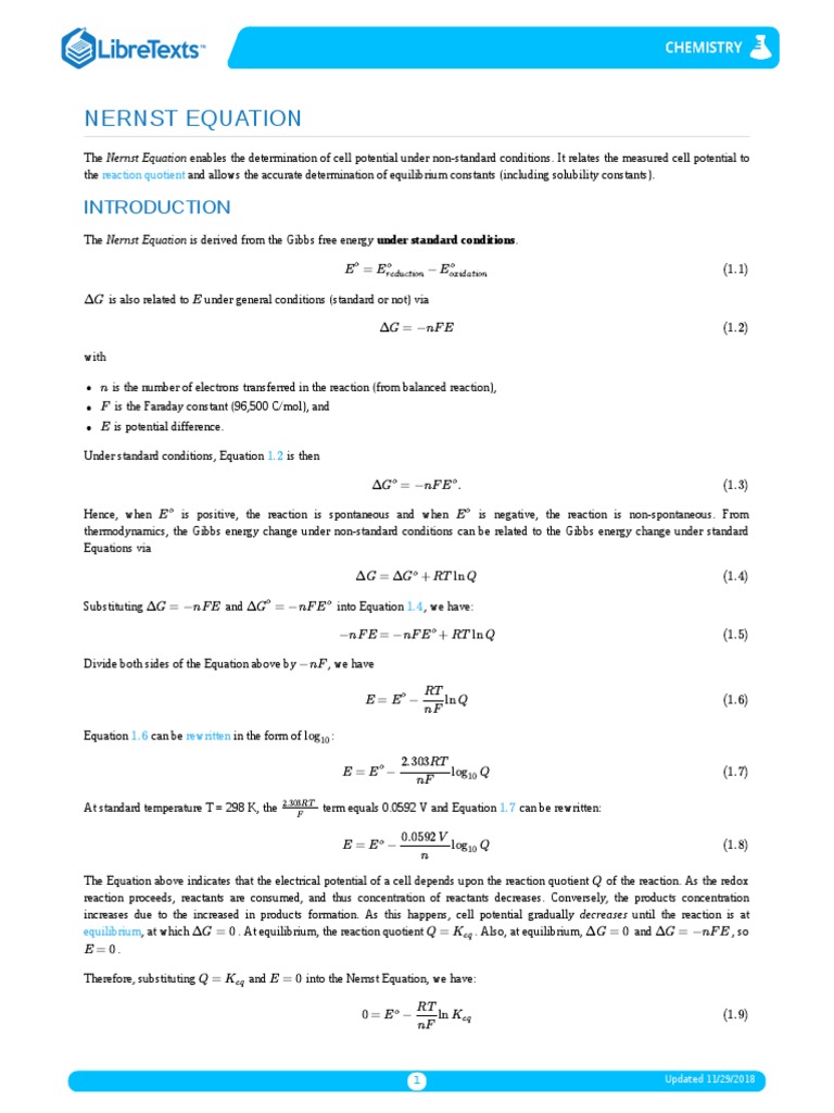 Nernst Equation: = − (1.1) ΔG ΔG = −nFE (1.2) | PDF | Gibbs Free Energy ...