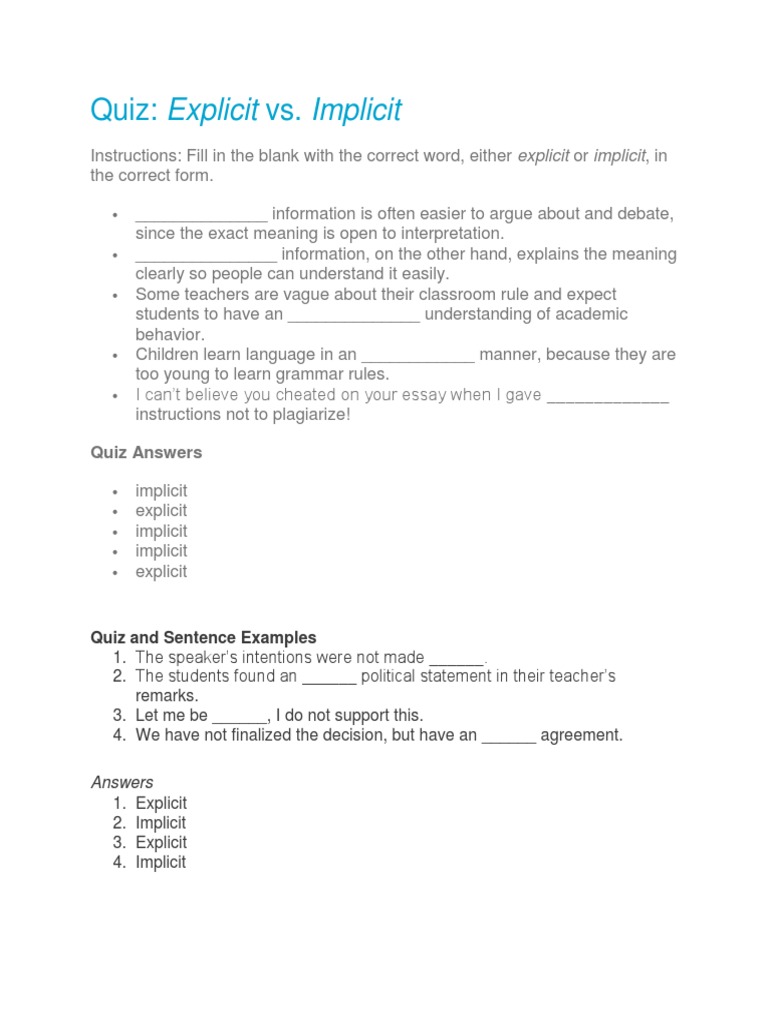 Explicit Implicit: Quiz: Vs | PDF