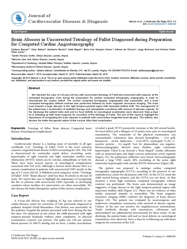 Brain Abscess in Uncorrected Tetralogy of Fallot Diagnosed During Preparationfor Computed ...