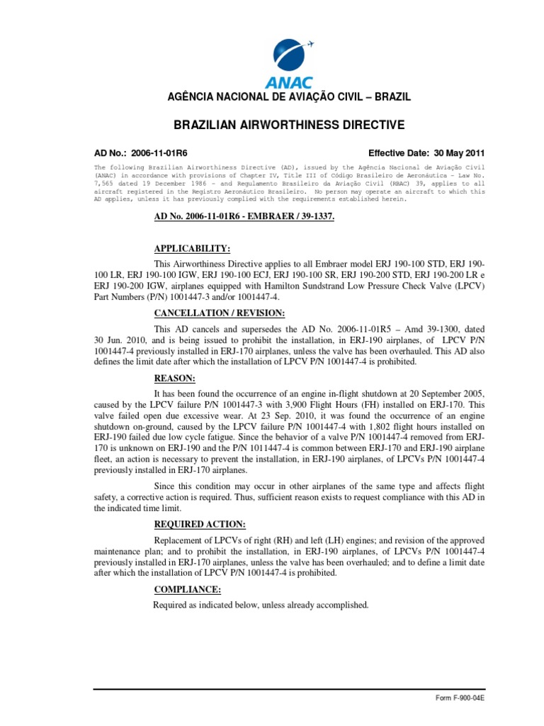 Replacement Requirements for Low Pressure Check Valves on Embraer ERJ ...