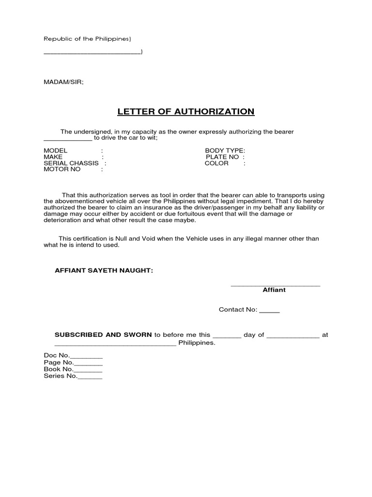 Letter of Authorization: - To Drive The Car To Wit | PDF