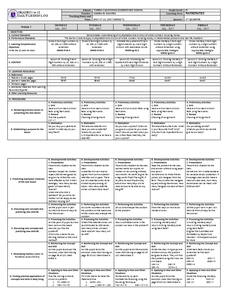 DLL Mathematics 4 q1 w7 | PDF | Division (Mathematics) | Learning