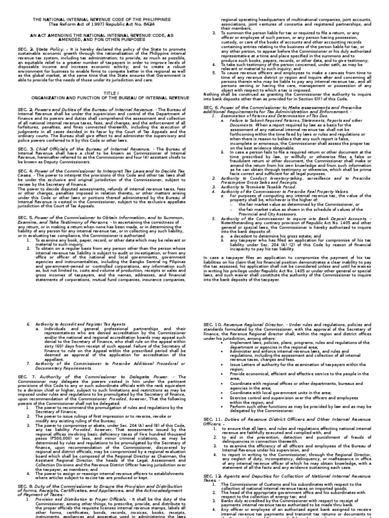 The National Internal Revenue Code Secs. 1-33 | PDF | Gross Income | Taxes