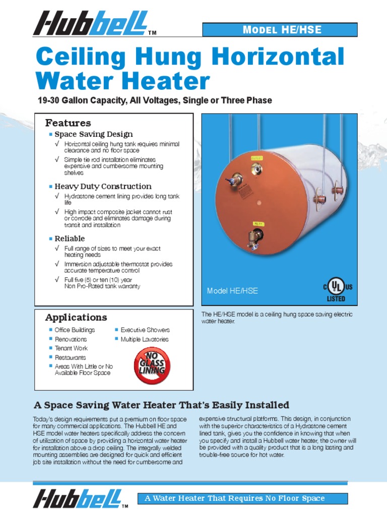 Ceiling Hung Horizontal Water Heater: Features | PDF | Water Heating | Hvac