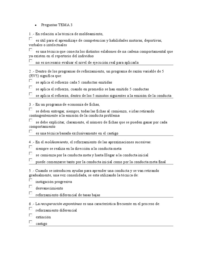 Preguntas TEMA 3 Autoevaluación | PDF | Reforzamiento | Comportamiento