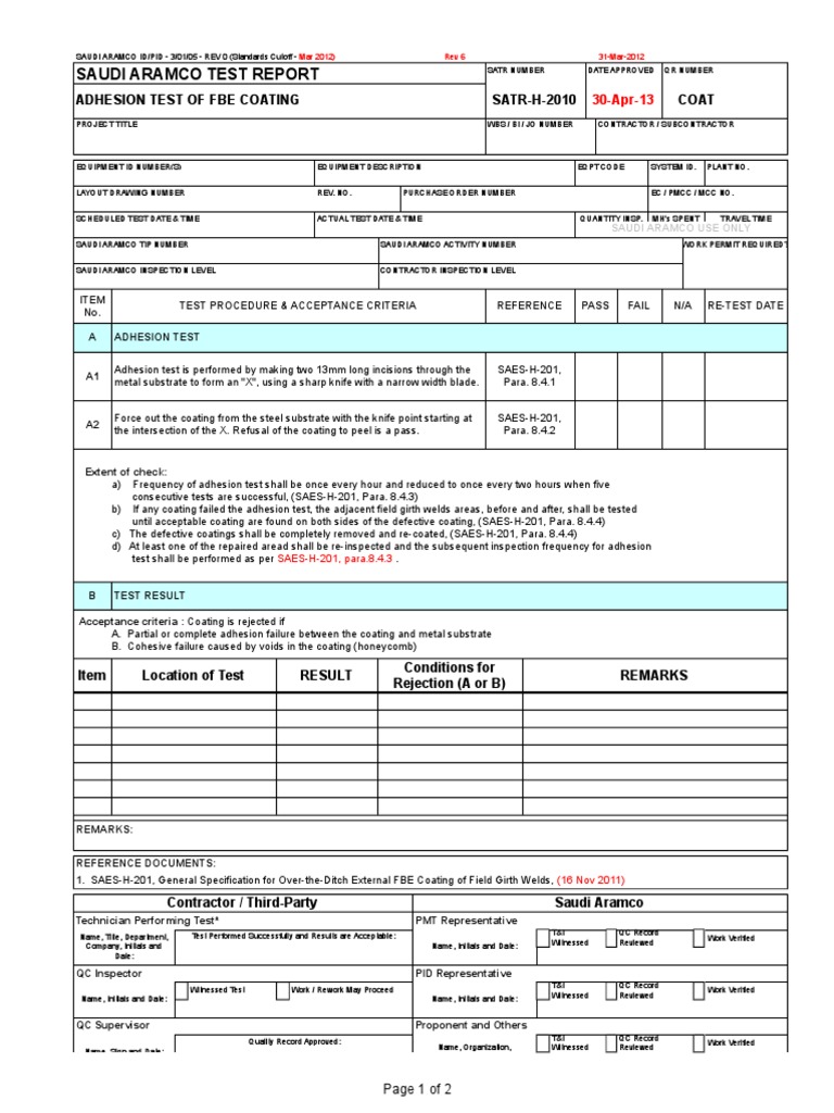Saudi Aramco Test Report: Adhesion Test of Fbe Coating SATR-H-2010 Coat ...
