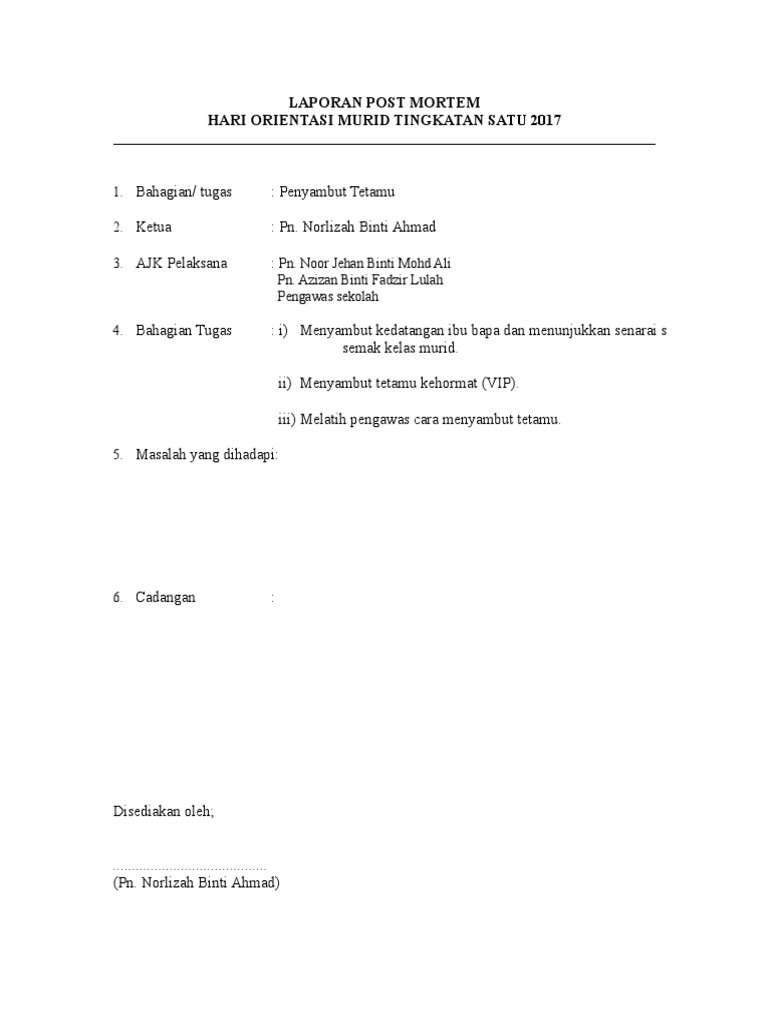Laporan Post Mortem Orientasi Tingkatan 1 2014 | PDF