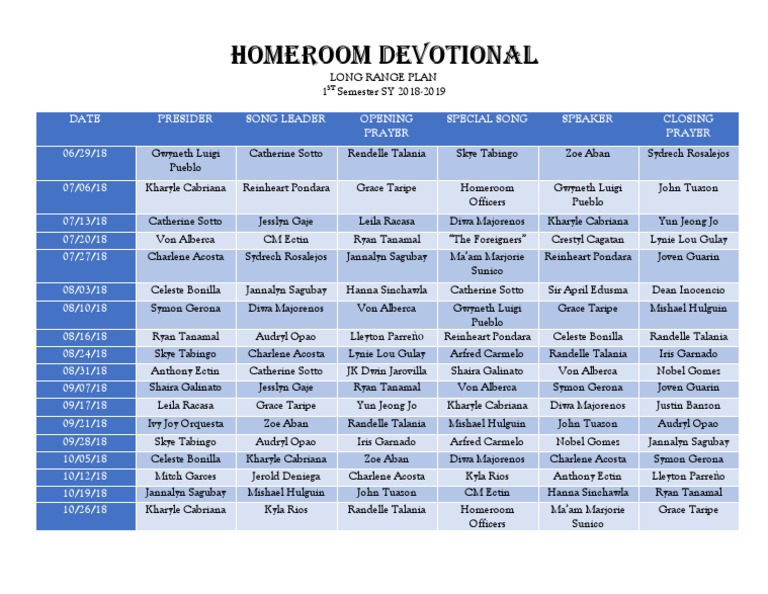 Homeroom Devotional Schedule 2018-2019 | PDF