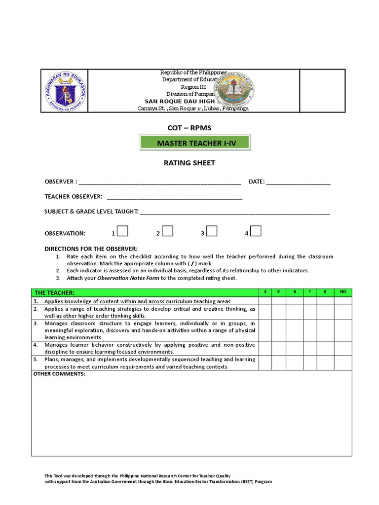 Rpms Cot Rpms Master Teacher 1 IV Rating Sheet | PDF | Teachers ...