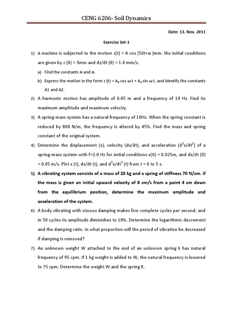 Soil Dynamics Exercise Set Overview | PDF | Oscillation | Quantity