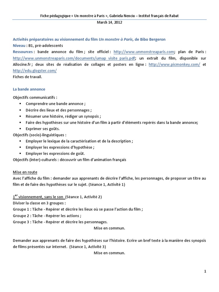 Fiche pédagogique : Un monstre à Paris | PDF | Paris
