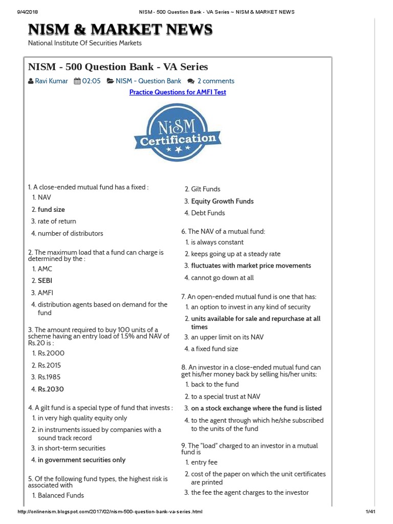 NISM VA Series: 500 Question Bank | PDF | Bonds (Finance) | Mutual Funds