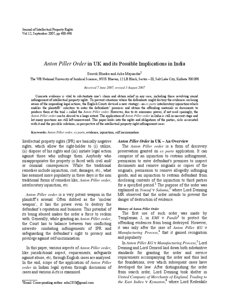 Anton Piller Order in UK and Its Possible Implications in India | PDF ...