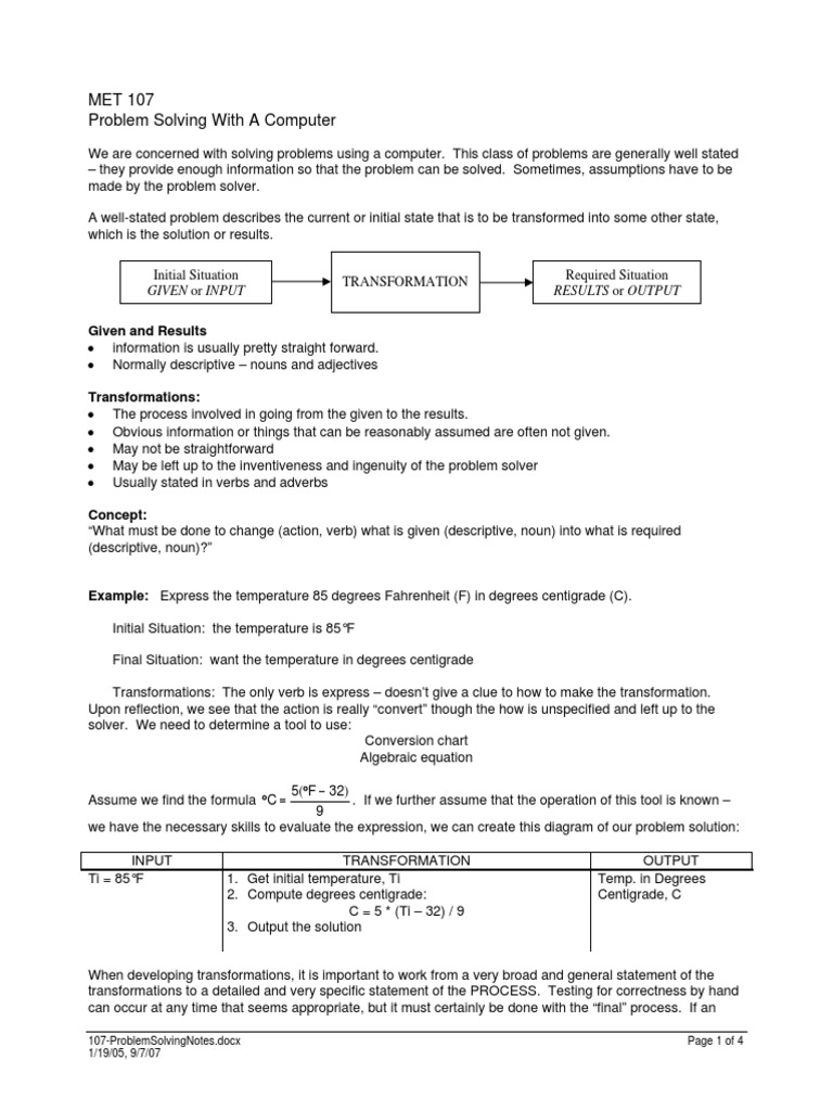 MET 107 Problem Solving With A Computer: Give Results O N O Input Output | PDF | Fahrenheit ...