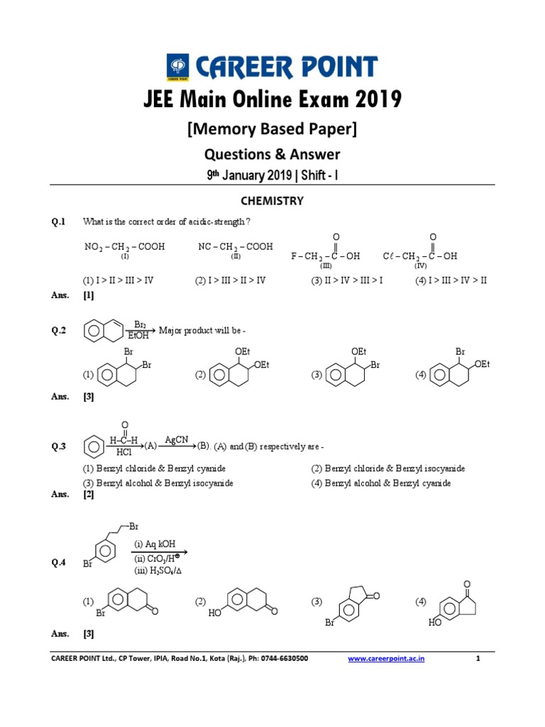 JEE Main 2019 Paper Answer Chemistry 09-01-2019 1st | PDF | Solubility ...