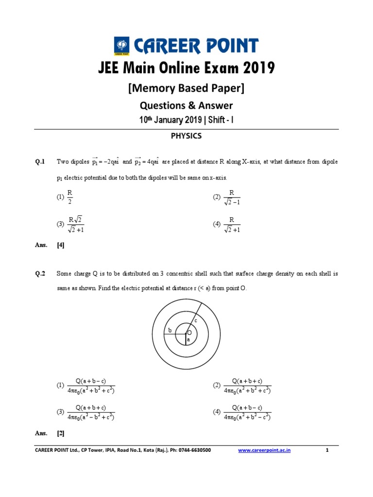 JEE Main 2019 Paper Answer Physics 10-01-2019 1st | PDF | Mass ...
