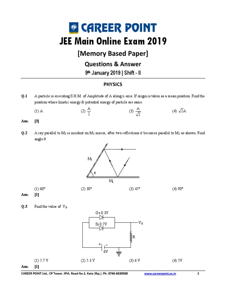 JEE Main 2019 Paper Answer Physics 09-01-2019 2nd | PDF | Electronvolt | Wavelength