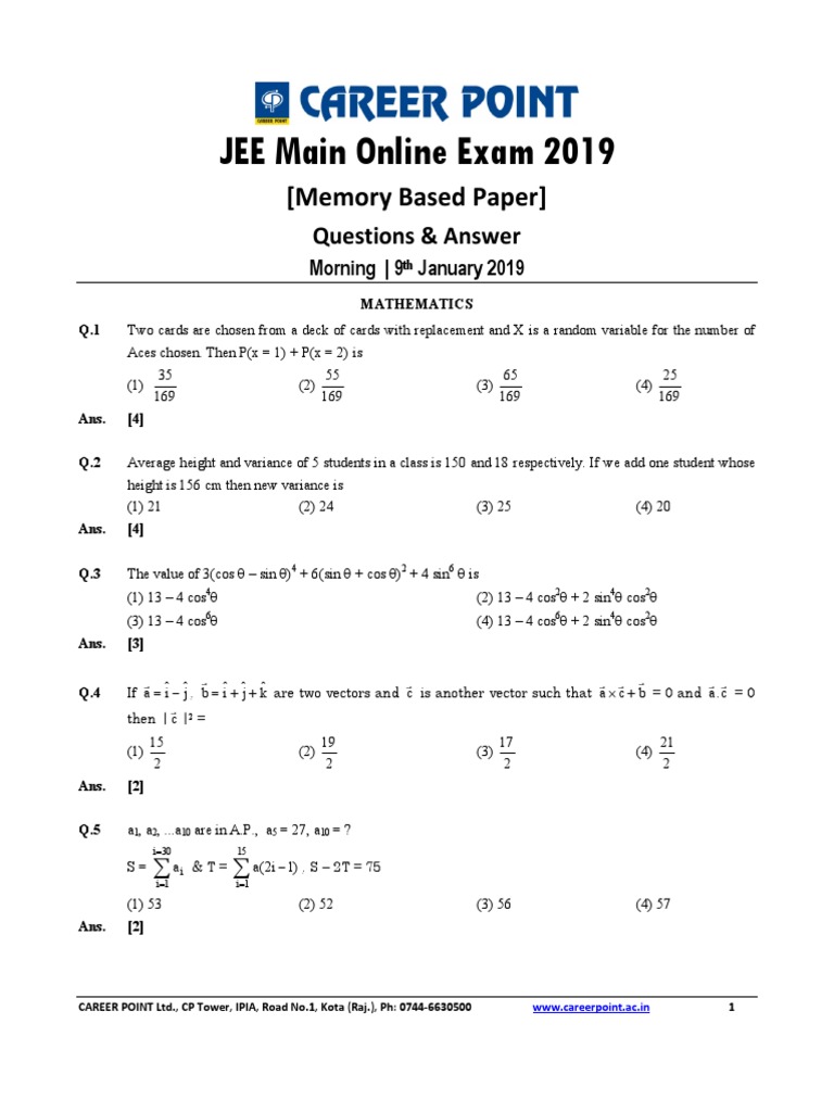 JEE Main Online Exam 2019: (Memory Based Paper) | PDF | Geometric ...