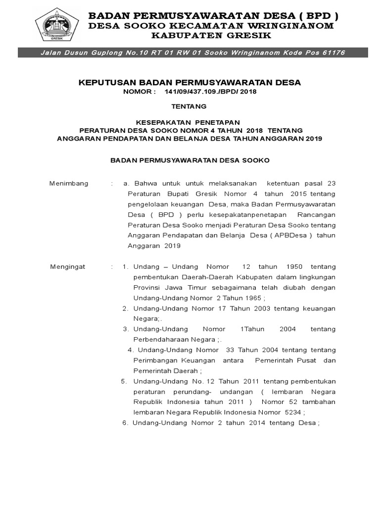 SK BPD Tentang APBdes 2019 | PDF