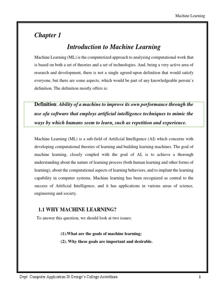 Introduction To Machine Learning: Definition: Ability of A Machine To ...