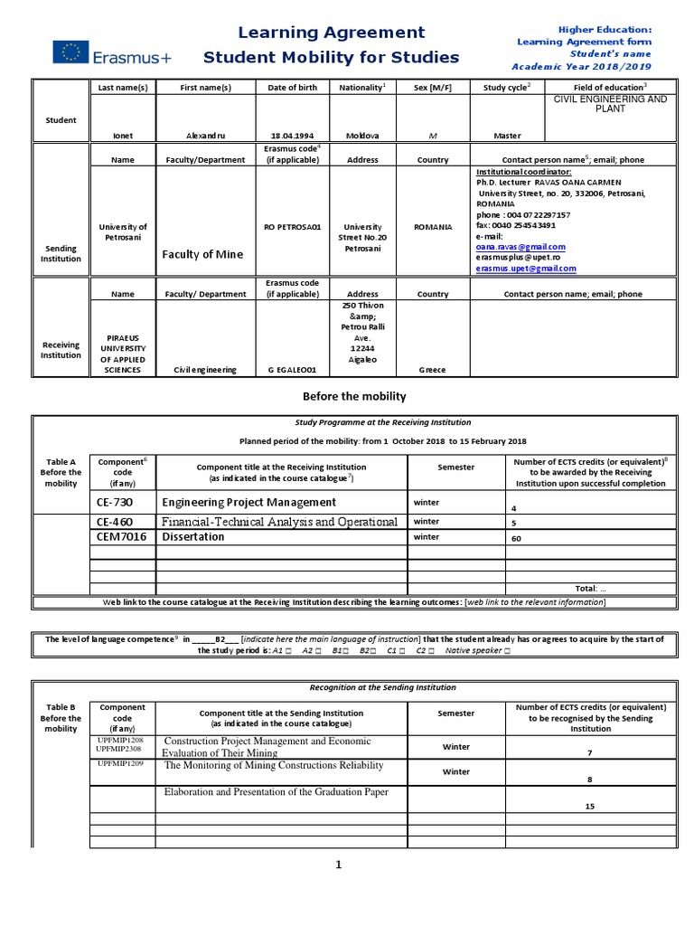 Learning Agreement Student Mobility For Studies: Faculty of Mine | PDF ...