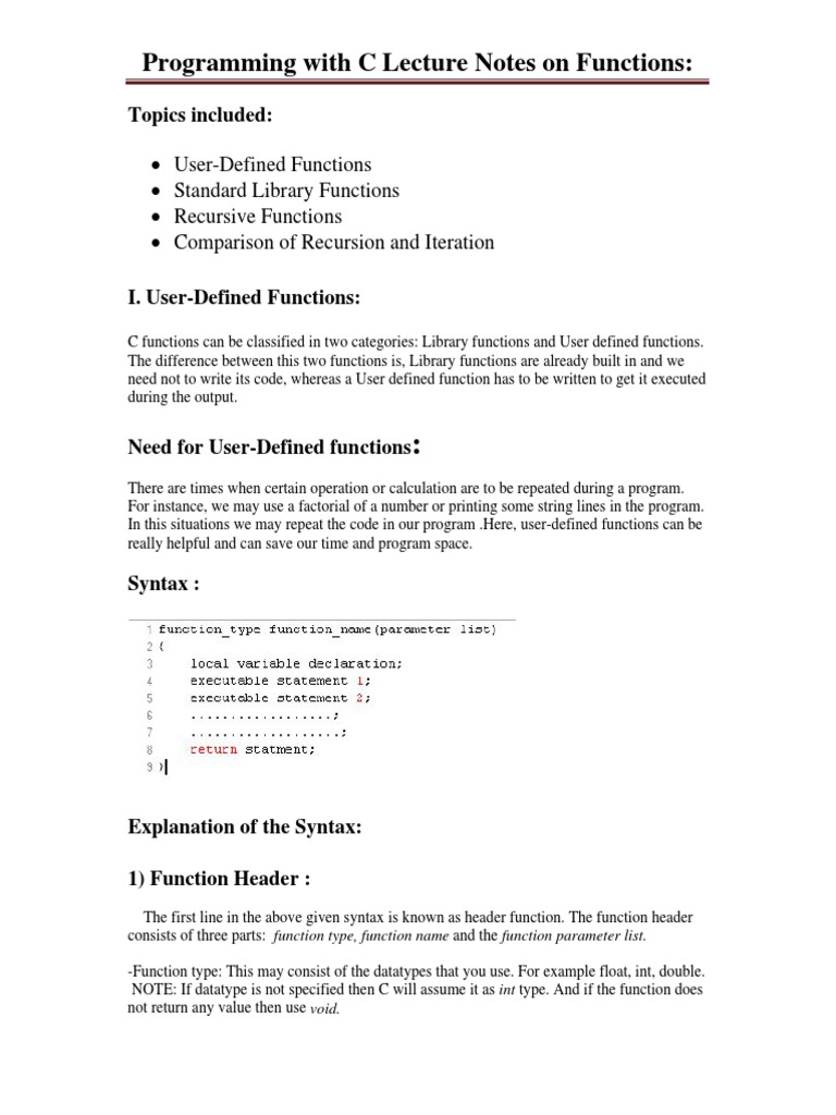 C Functions: User-Defined & Recursion | PDF | Parameter (Computer Programming) | Subroutine