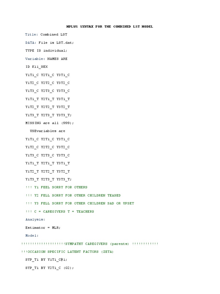 Title: Data:: Mplus Syntax For The Combined LST Model | PDF ...