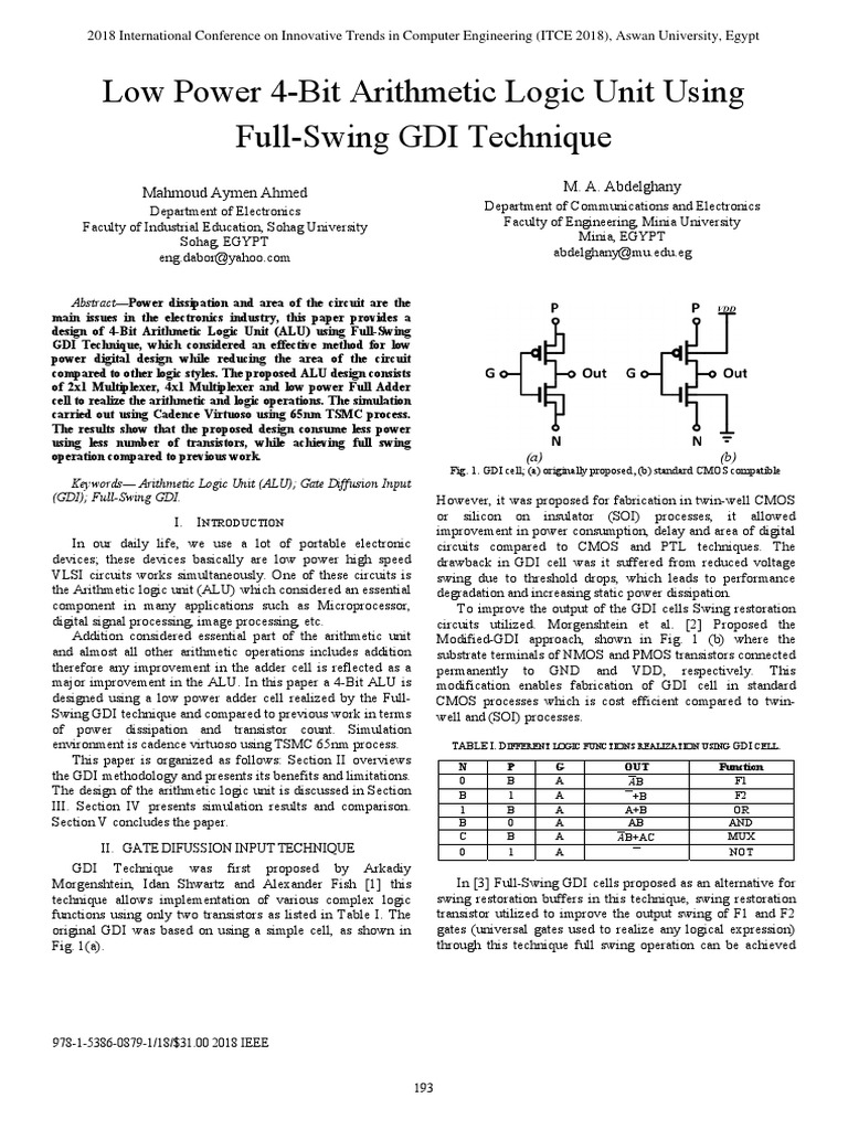 Low Power 4-Bit Arithmetic Logic Unit Using Full-Swing GDI Technique | PDF | Logic Gate | Cmos