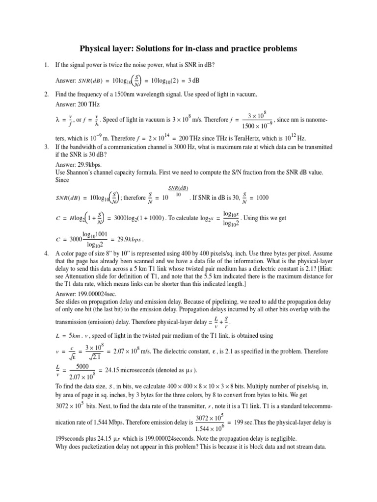 Physical Layer: Solutions For In-Class and Practice Problems | PDF ...