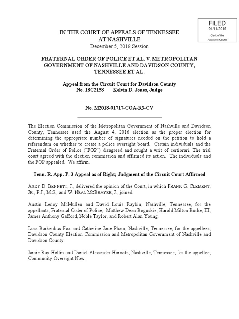 Fraternal Order of Police v. Metropolitan Government of Nashville and Davidson Count Et Al ...