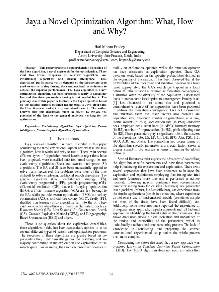 Jaya A Novel Optimization Algorithm What How And Why Hari Mohan Pandey Download Free Pdf