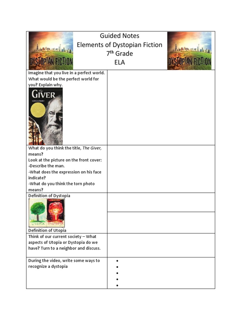 Guided Notes Elements of Dystopian Fiction 7 Grade ELA | PDF | Dystopia ...