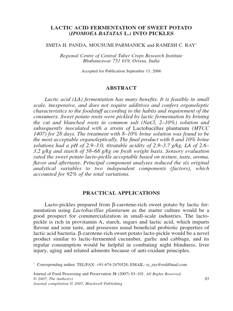 Lactic Acid Fermentation of Sweet Potatoes | PDF | Lactobacillus | Pickling