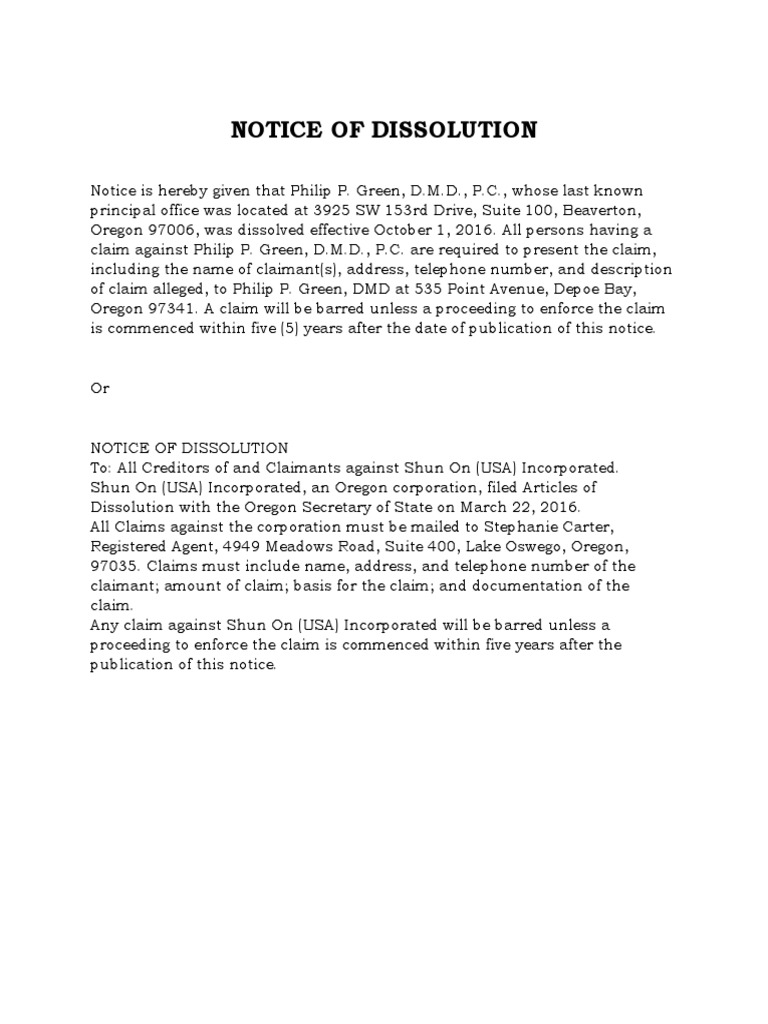 Notice of Dissolution | PDF