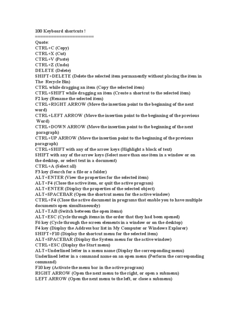 100 Keyboard Shotcuts | PDF