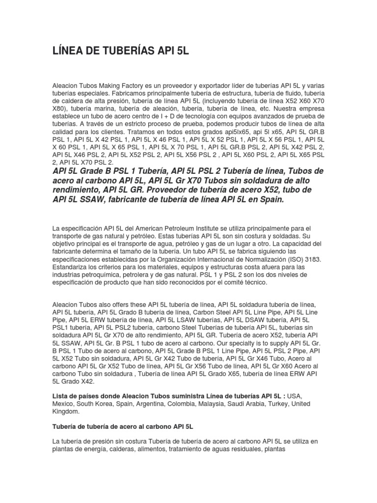 Línea de Tuberías API 5l | PDF | Tubería (transporte de fluidos) | Acero